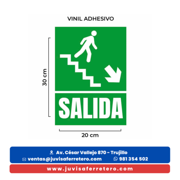 SEÑAL: EVACUACIÓN SALIDA ESCALERA ABAJO DERECHA – VINIL ADHESIVO 20X30 cm – JUVISA FERRETERO SAC
