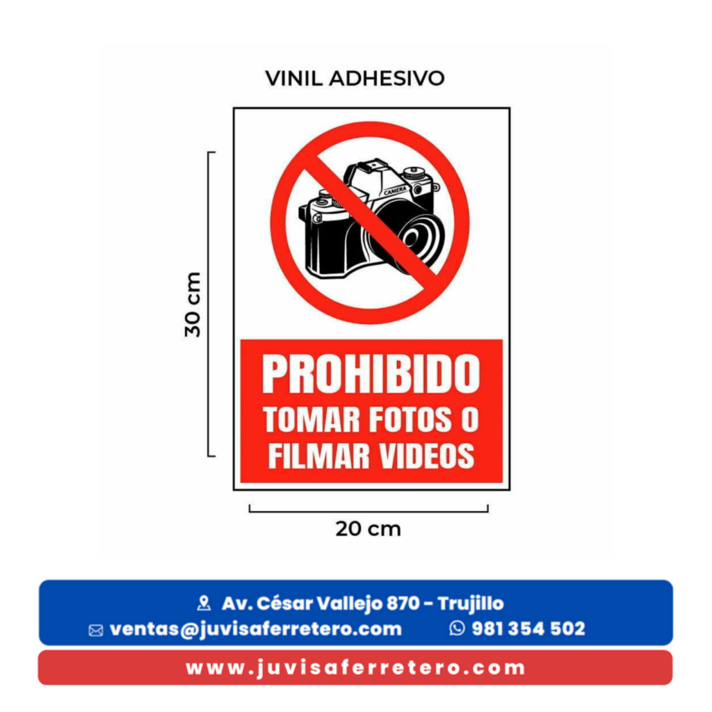 SEÑAL: PROHIBIDO TOMAR FOTOS O FILMAR VIDEOS – VINIL ADHESIVO 20X30 cm ...